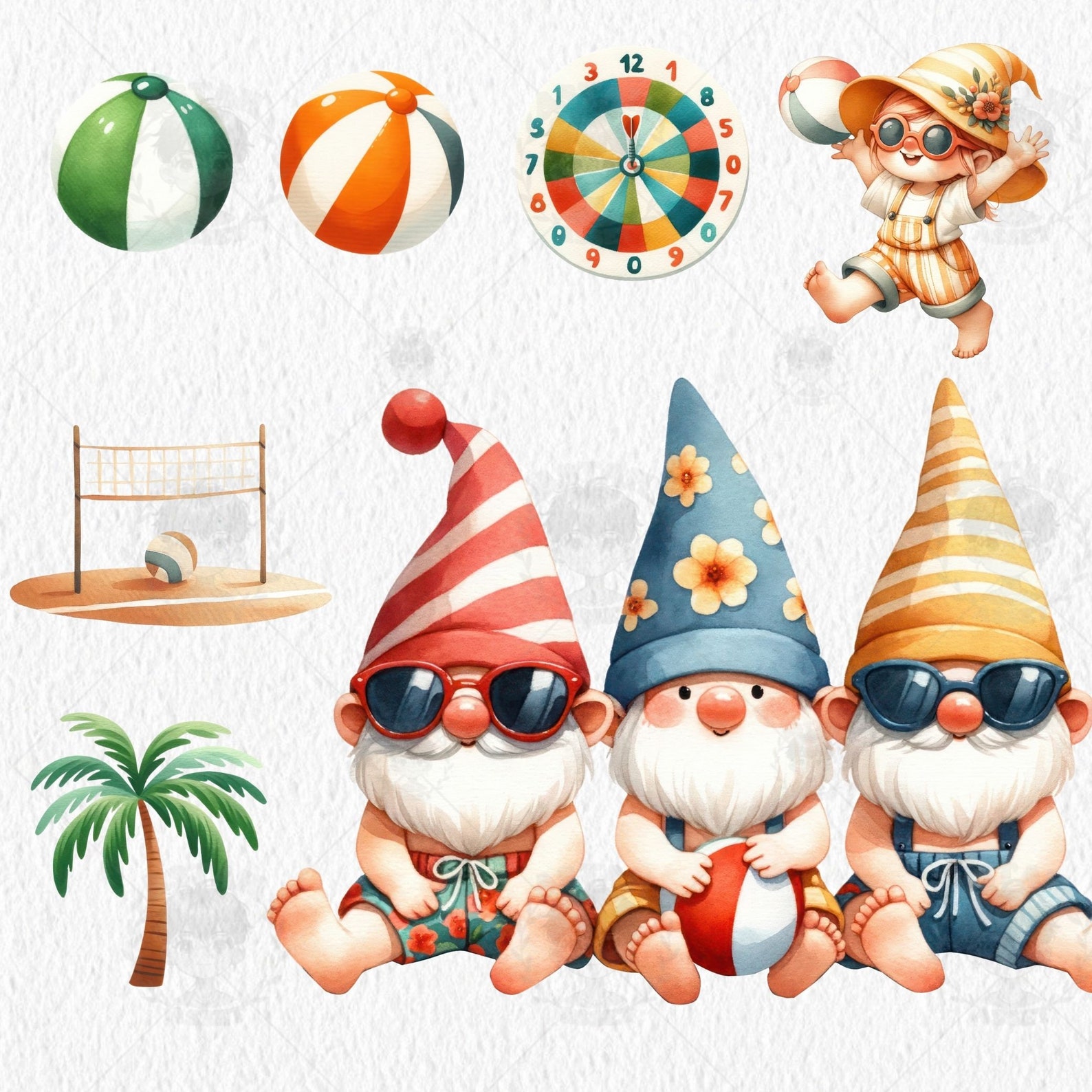 Cute Gnome Beach Ball ,watercolor Clipart ,sea , Gnomes Beach ...