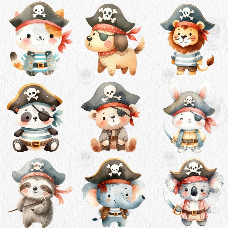 Animals Pirate Watercolor Clipart: Nautical Baby Shower Decor (PDF) - Etsy