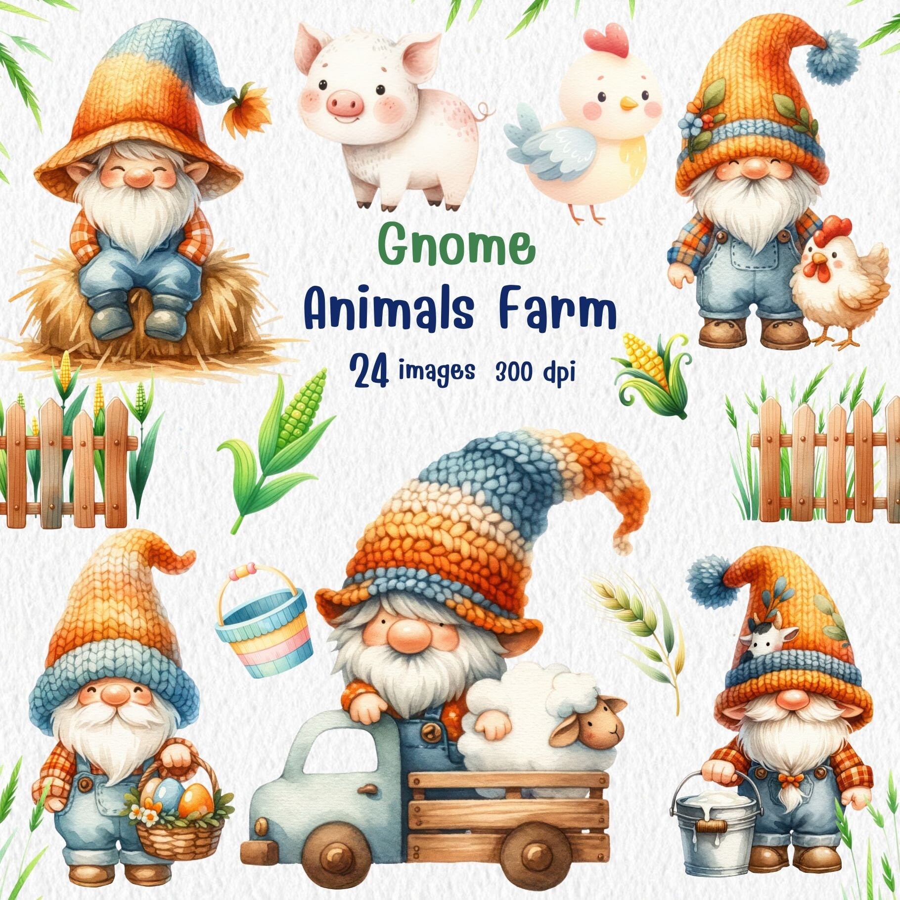 Cute Gnome Animal Farm ,watercolor Clipart ,farmer , Gnomes Sublimation ...