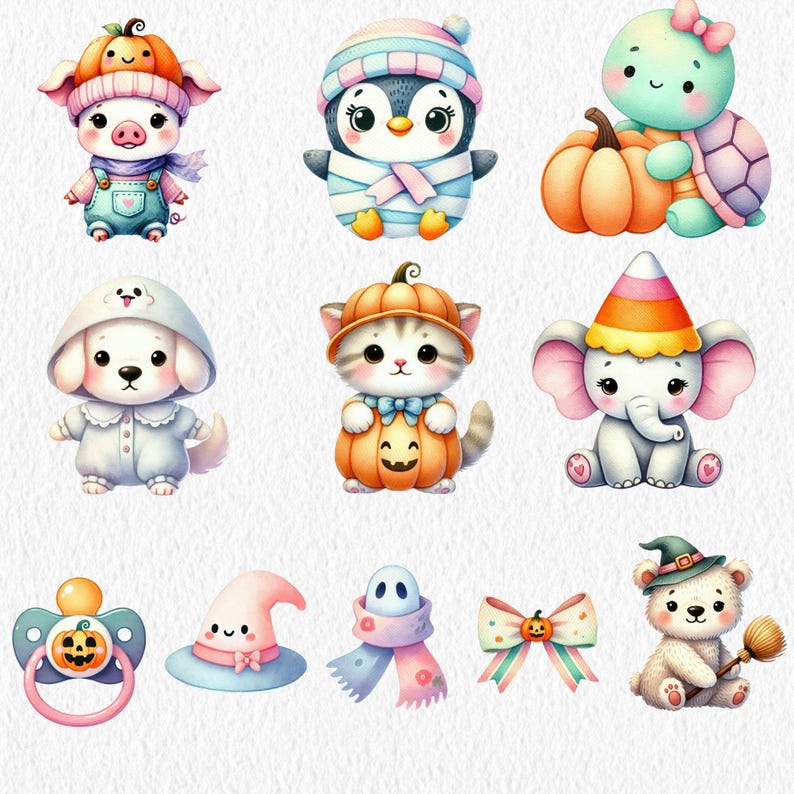 Halloween Baby Animals Watercolor Clipart, Halloween PNG, Cute Animals ...