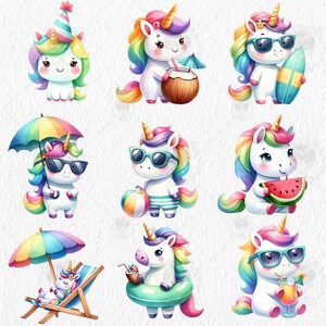 Unicorn Summer Watercolor Clipart: Rainbow Beach Party (digital ...
