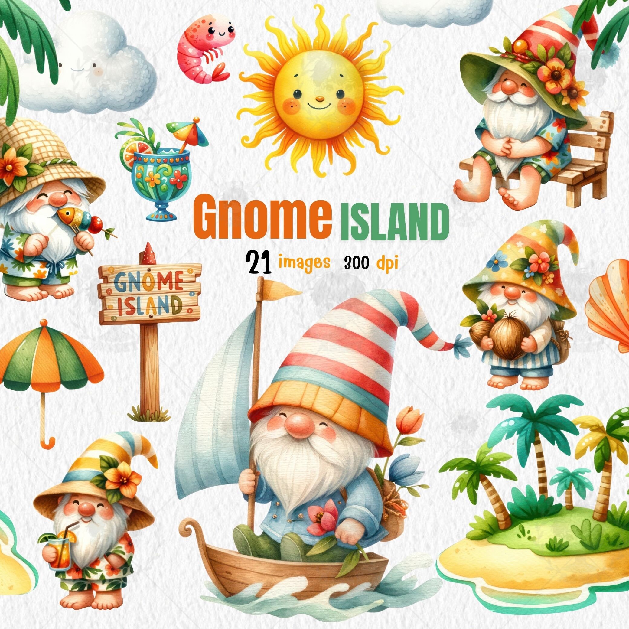 Cute Gnome Island ,watercolor Clipart ,sea , Gnomes Beach Sublimation ...