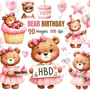 Pink Bear Birthday Watercolor Clipart: Girl Birthday Party (digital ...
