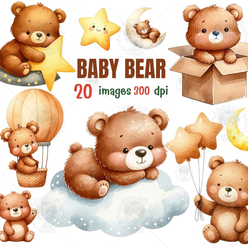 Baby Bear Watercolor Clipart, Baby Shower Clipart, Baby Gifts, Birthday ...