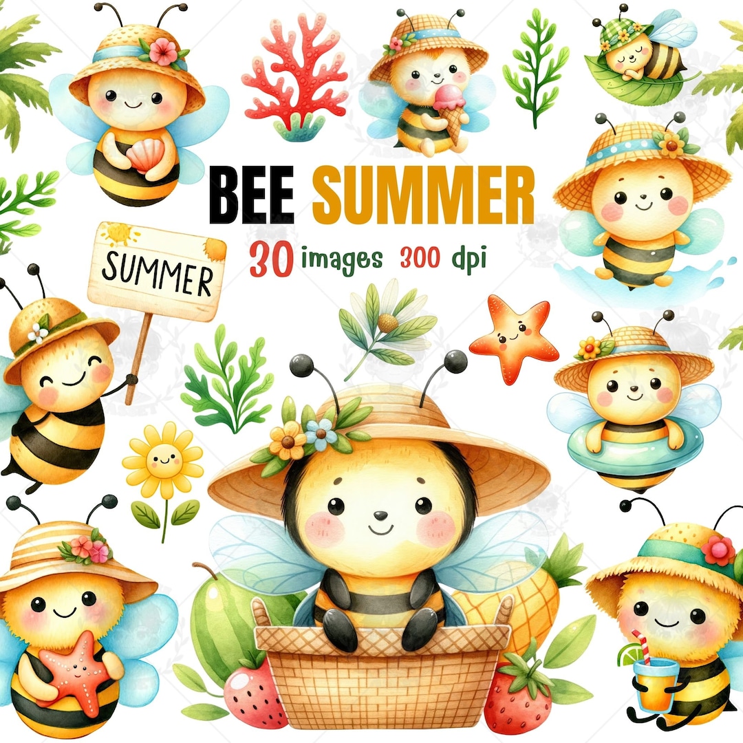 Summer Bee Watercolor Clipart, Honeybee, Summer Decor, Bumble Bee, Summer Beach Clipart, Animal ...