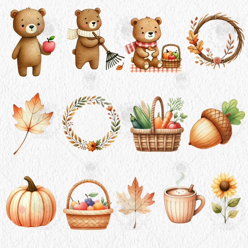 Autumn Bear Watercolor Clipart: Fall Woodland Animals (PNG, PDF) - Etsy