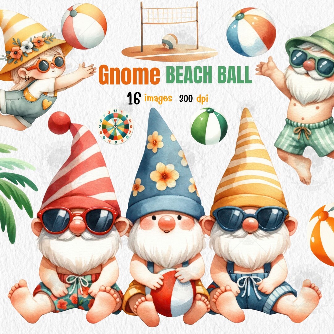 Cute Gnome Beach Ball ,watercolor Clipart ,sea , Gnomes Beach ...