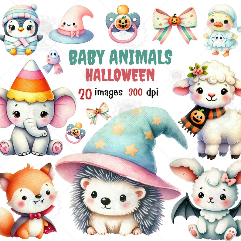 Halloween Baby Animals Watercolor Clipart, Halloween PNG, Cute Animals ...