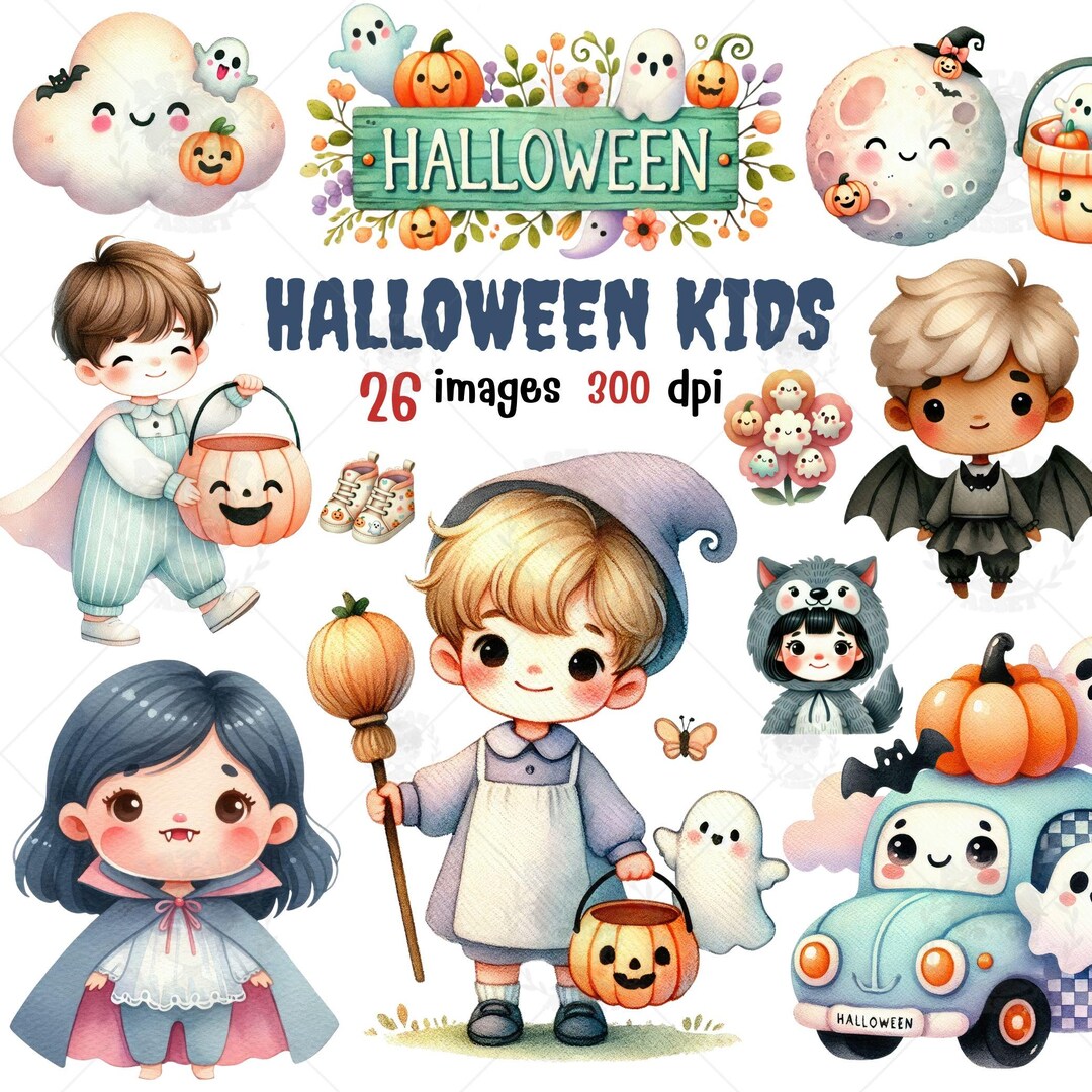 Halloween Kids Watercolor Clipart, Halloween PNG, Spooky Clipart, Cute ...