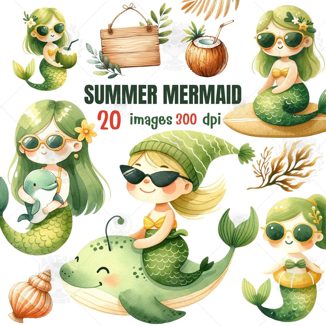 Summer Mermaid Watercolor Clipart, Summer Shirt, Cute Mermaid Clipart ...