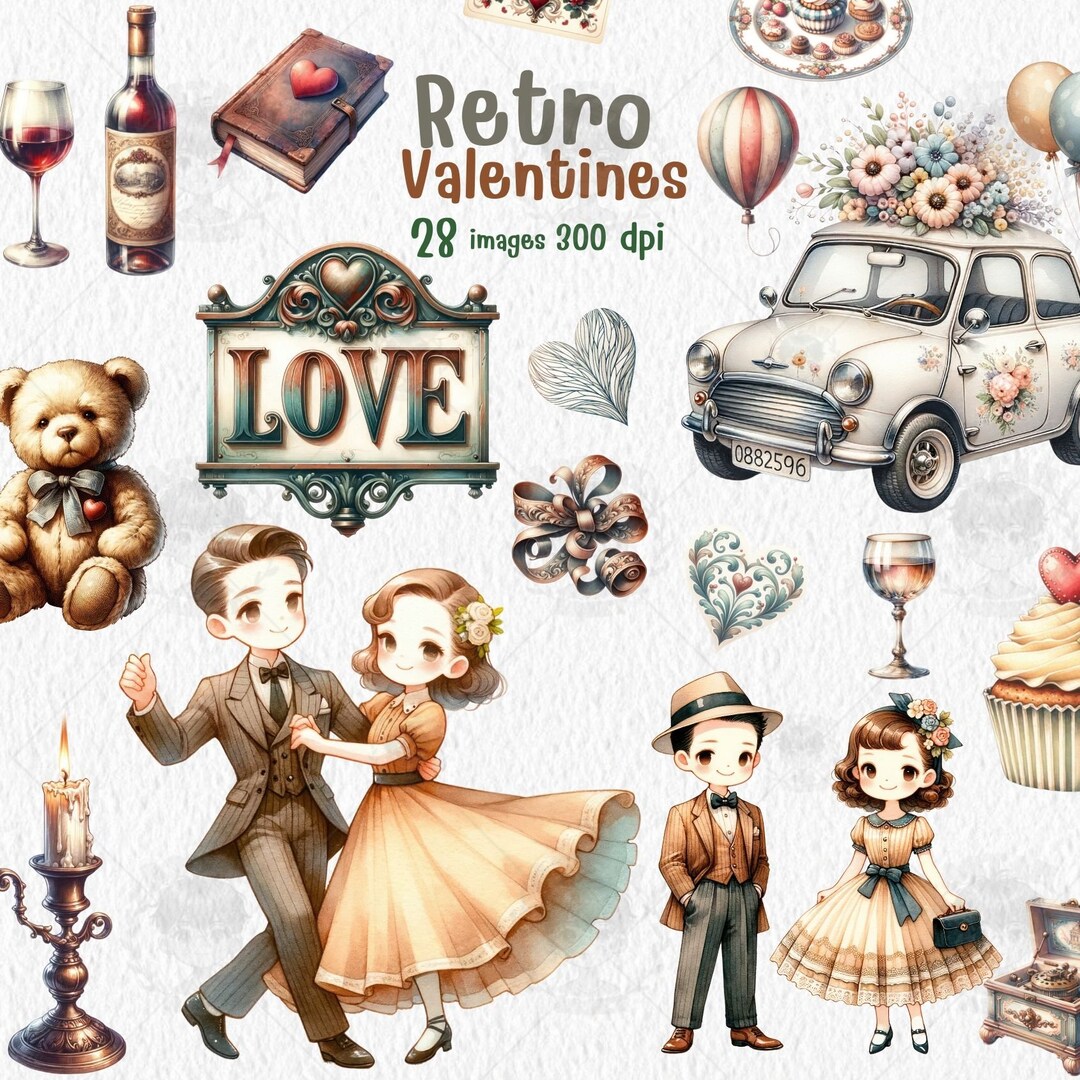 Retro Valentine Clipart: Watercolor Png, Love Decorations (PDF) - Etsy