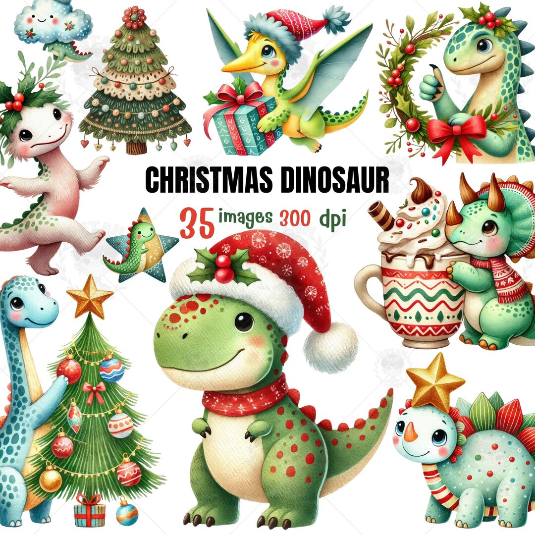 Christmas Dinosaur Watercolor Clipart, Merry Christmas Png,cute ...