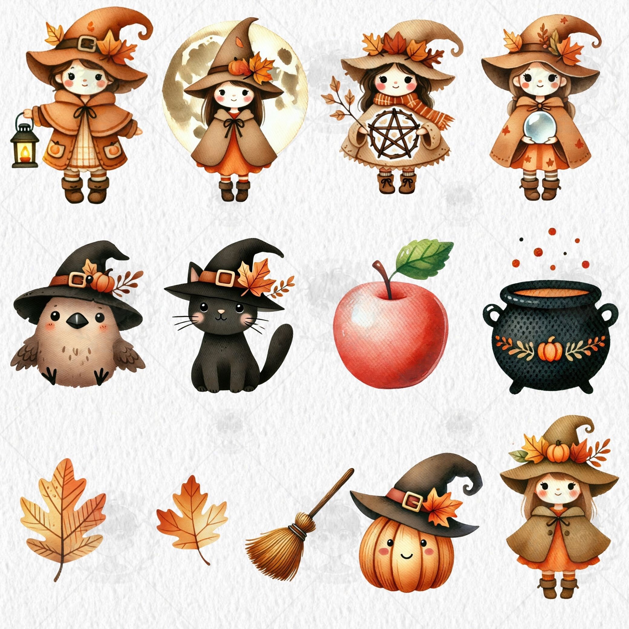 Autumn Witch Watercolor Clipart: Halloween Pumpkin PNG (digital ...