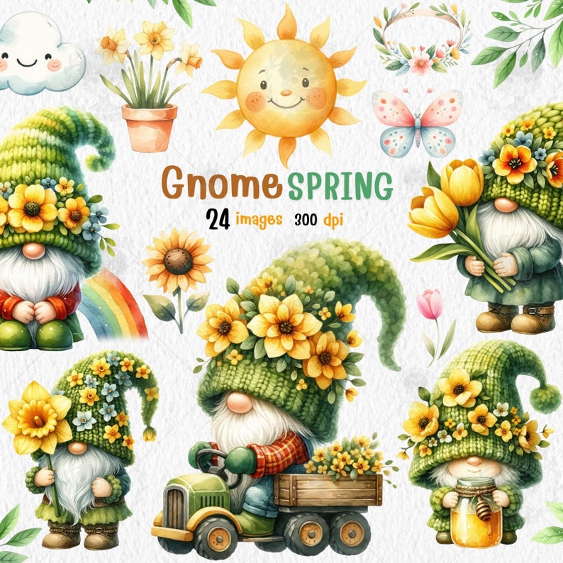Cute Spring Gnome ,watercolor Clipart ,spring Activities,flower ,bumble ...