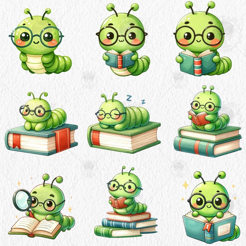 Bookworm Watercolor Clipart, Wormy Png, Cute Caterpillar Clipart ...