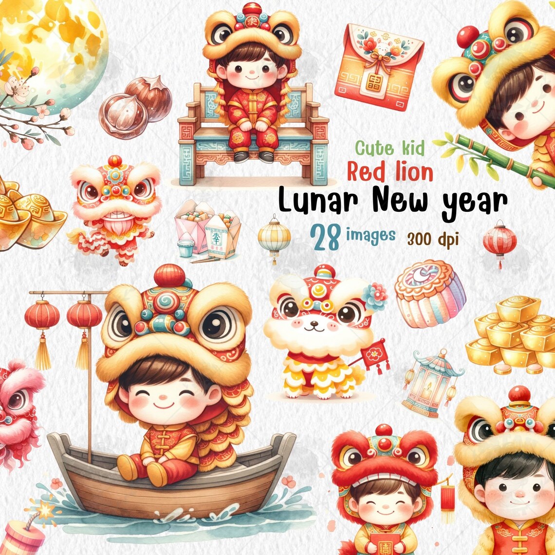 Cute Kid Lion Dance Water Color Chinese New Year Clipart ,2024 , Lion ...