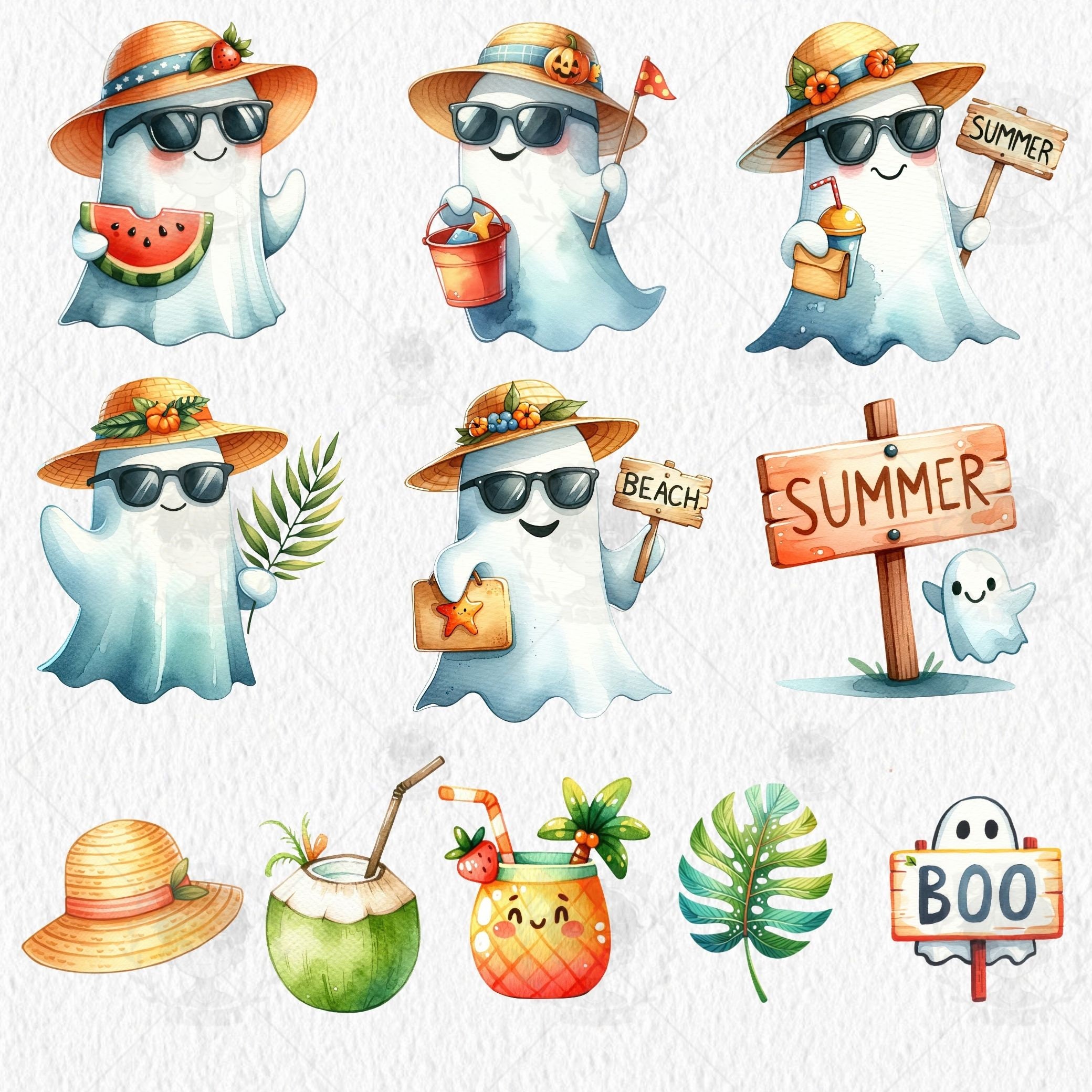 Ghost Summer Watercolor Clipart, Halloween Clipart, Cute Ghost Clipart ...