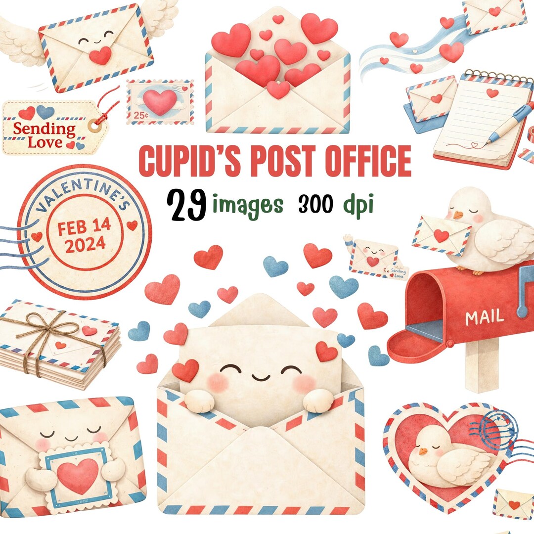 Watercolor Valentine Mail Clipart Bundle | Cupid Post Office ...