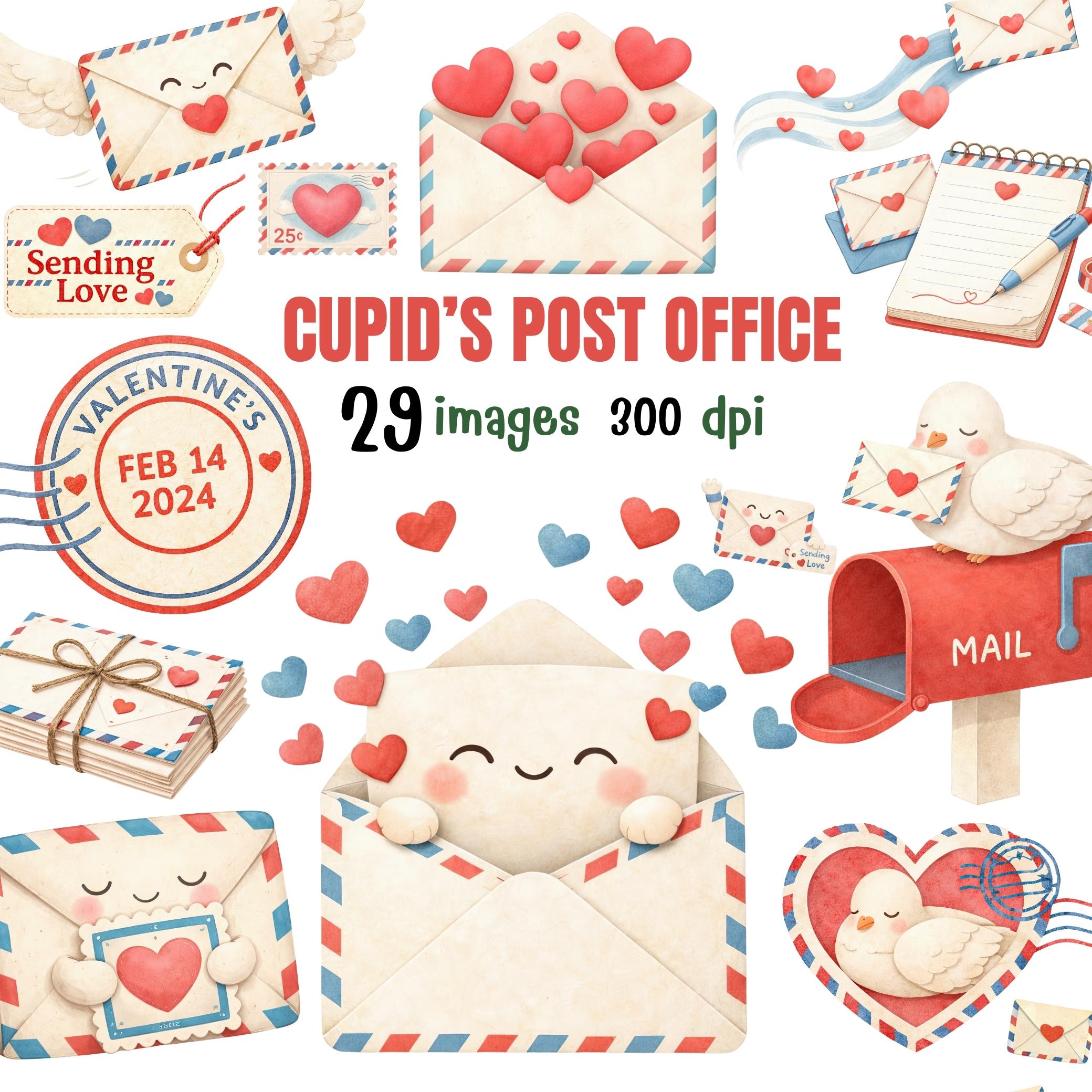 Watercolor Valentine Mail Clipart Bundle | Cupid Post Office ...