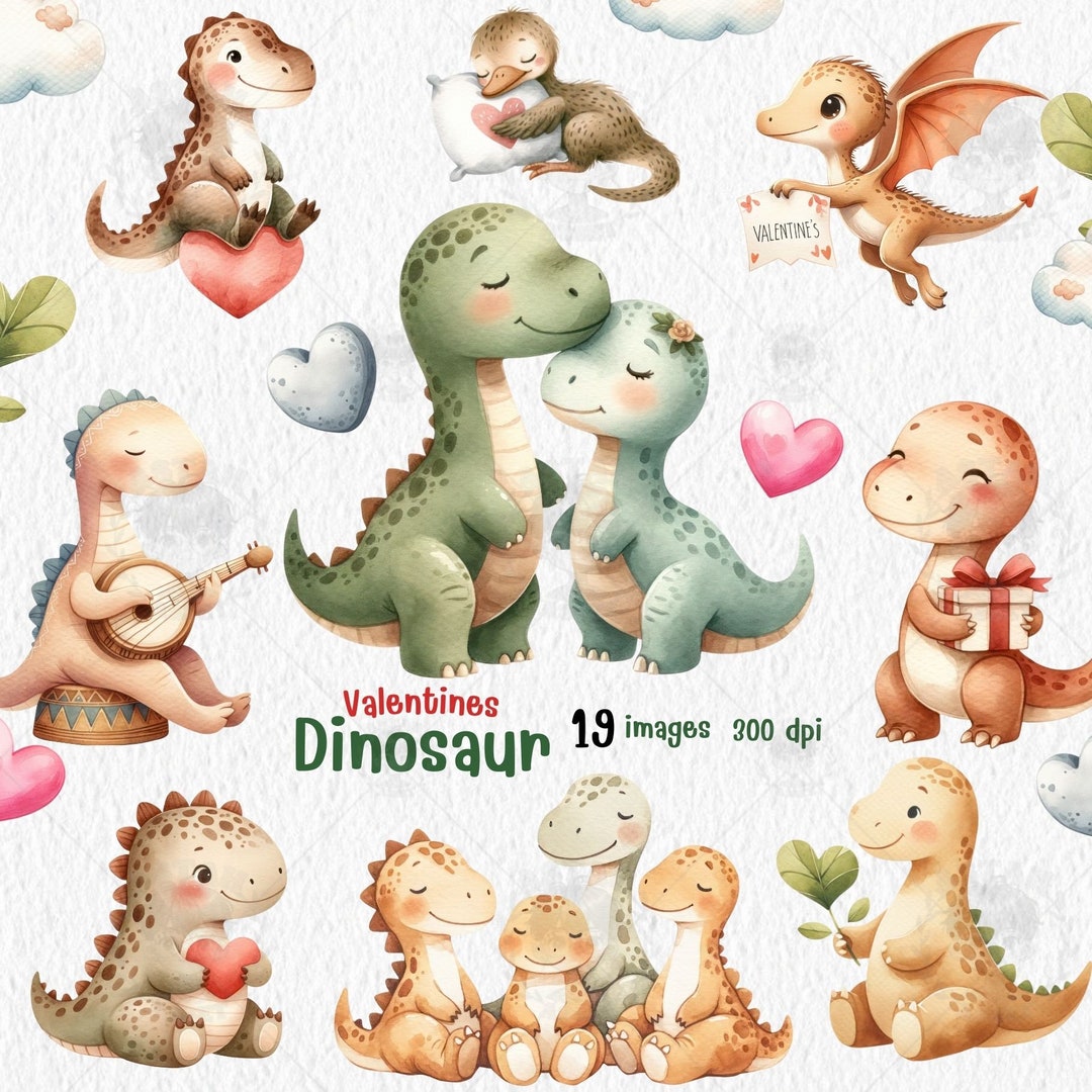 Watercolor Valentines Dinosaur Clipart: Love Animals PNG (digital ...