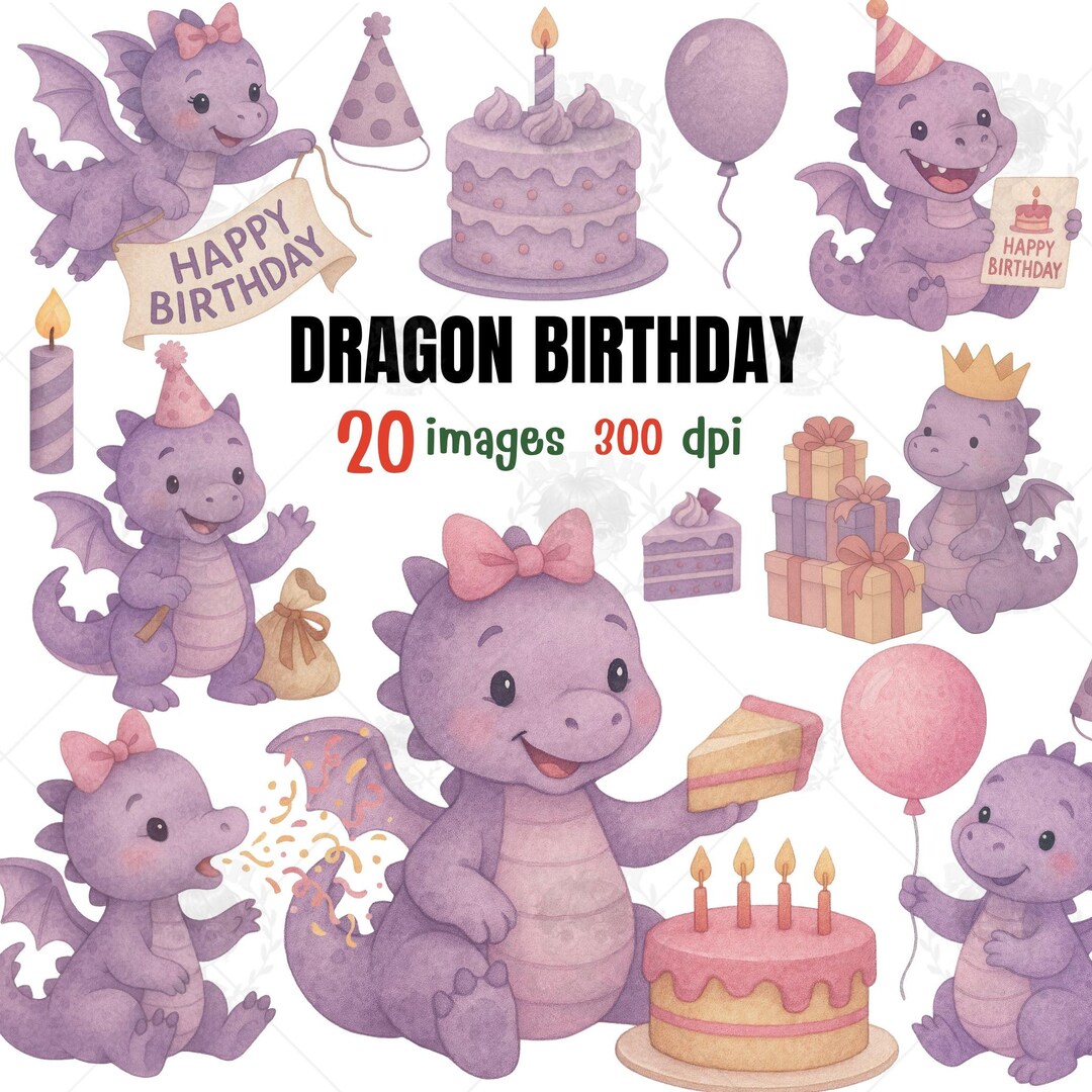 Purple Dragon Birthday Watercolor Clipart, Dragon Birthday Party ...