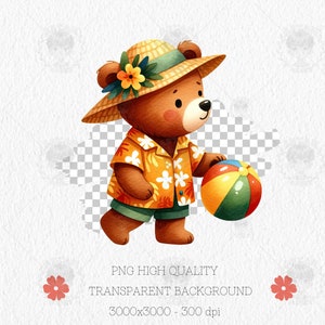 Summer Bear Clipart, Summer Watercolor Clipart, Hello Summer PNG, Cute ...
