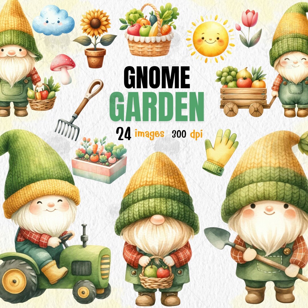 Cute Gnome Garden ,watercolor Clipart ,farmer , Gnomes Sublimation ...