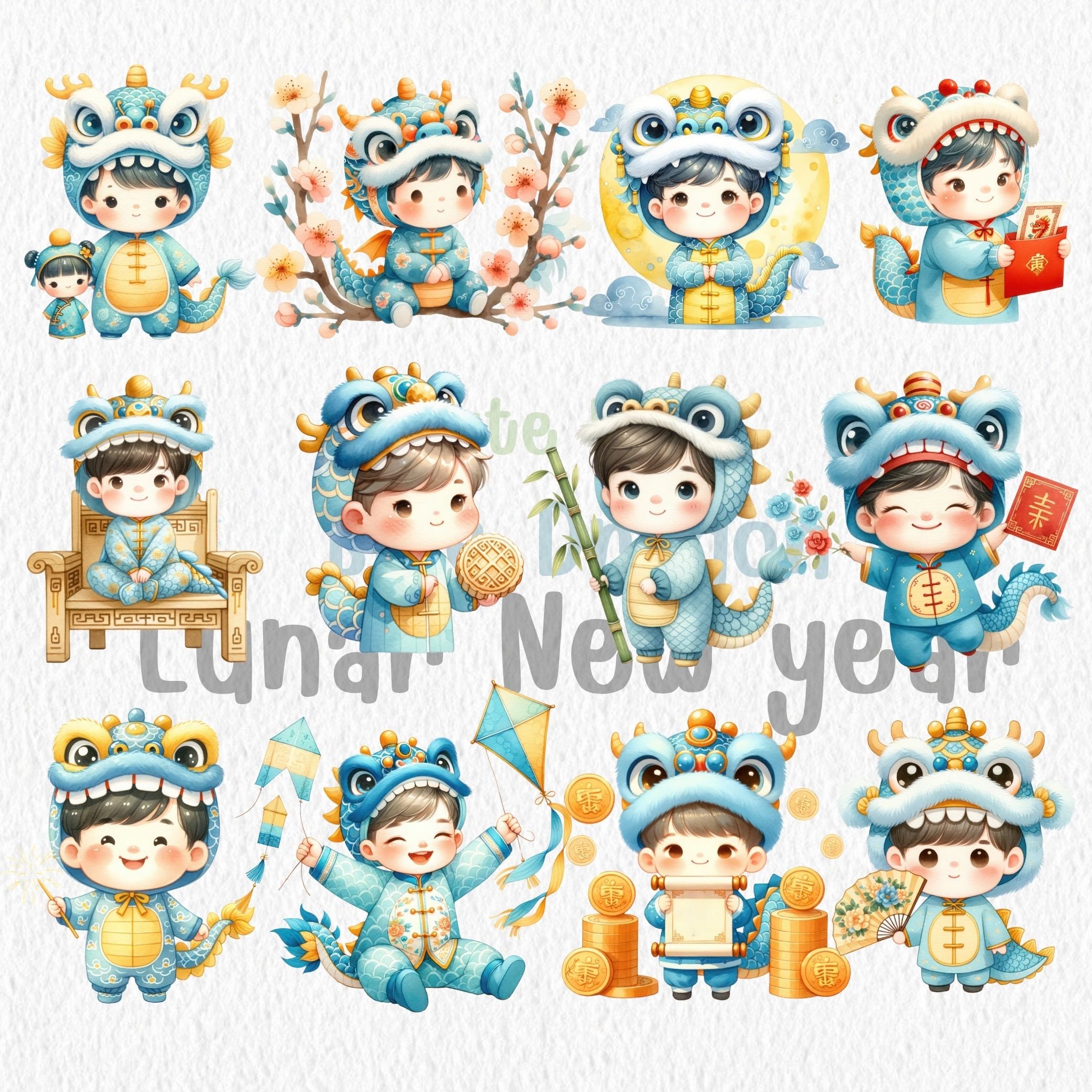 Cute Kid Blue Dragon Water Color Chinese New Year Clipart ,2024 ...