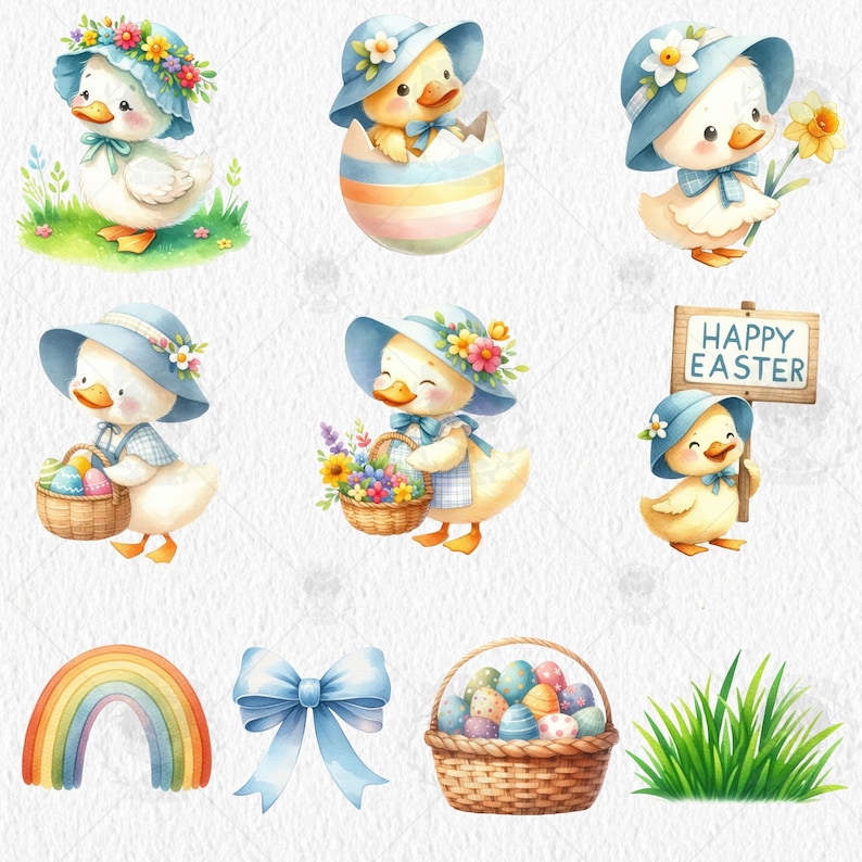 Easter Duck Watercolor Clipart , Easter Eggs, Cute Ducklings Clipart ...