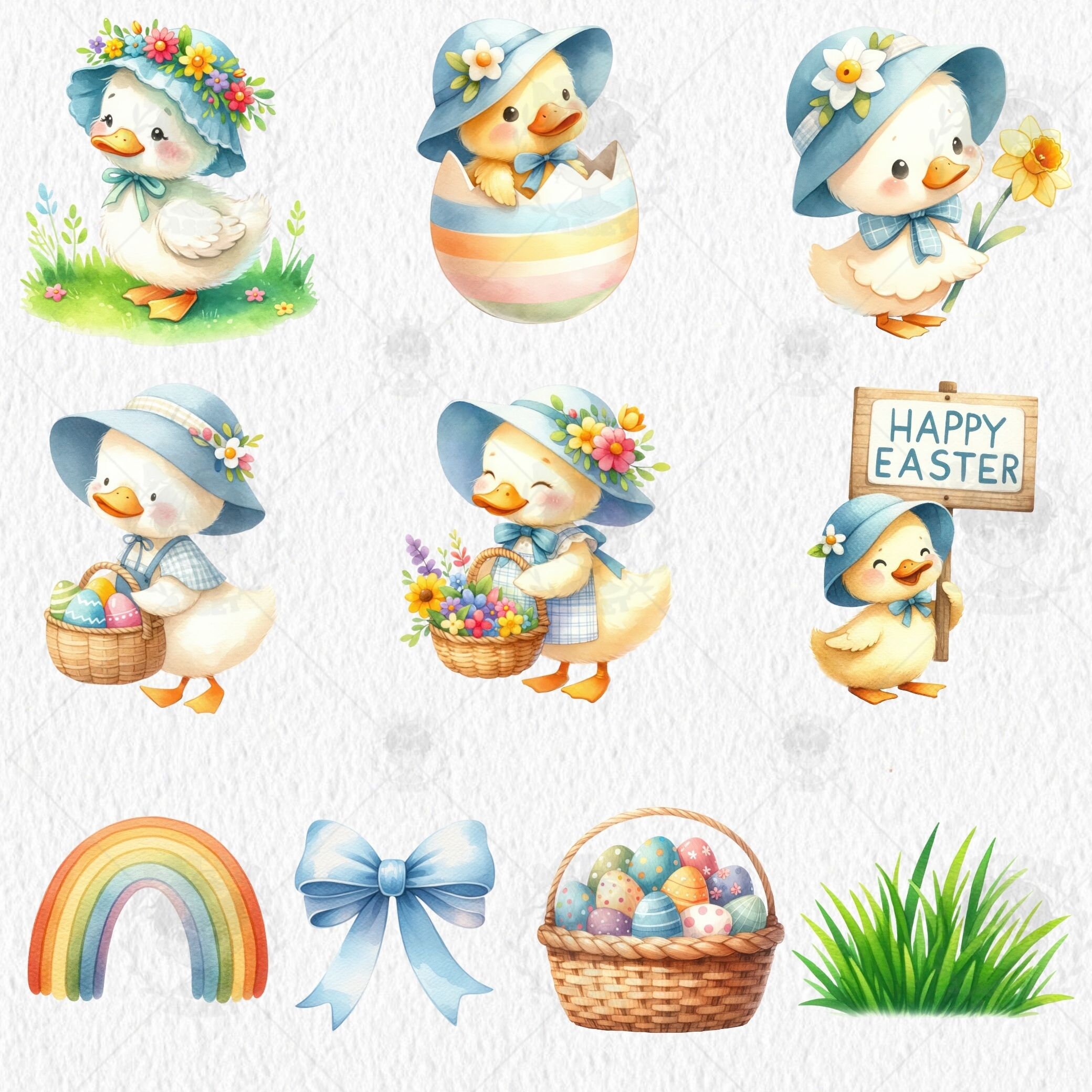 Easter Duck Watercolor Clipart , Easter Eggs, Cute Ducklings Clipart ...
