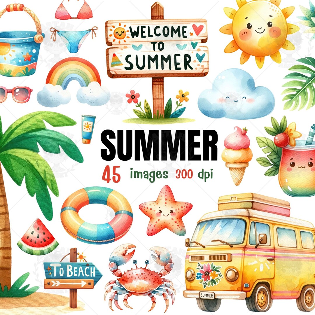 Summer Watercolor Clipart: Beach Holiday PNG Images (PDF) - Etsy