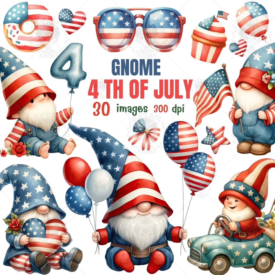 Gnome 4th of July Watercolor Clipart: Patriotic Gnomes (PDF) - Etsy