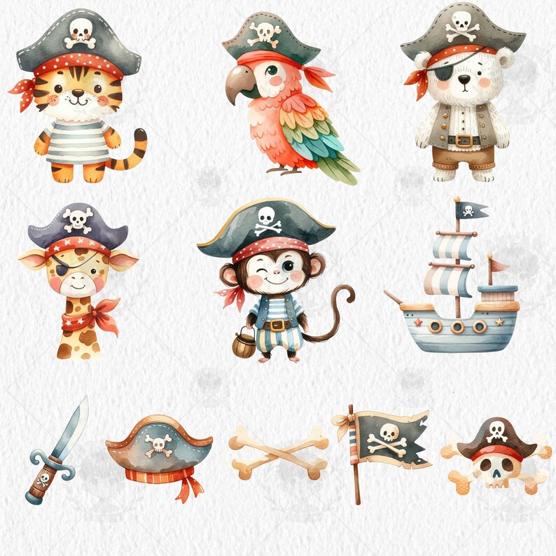 Animals Pirate Watercolor Clipart: Nautical Baby Shower Decor (PDF) - Etsy