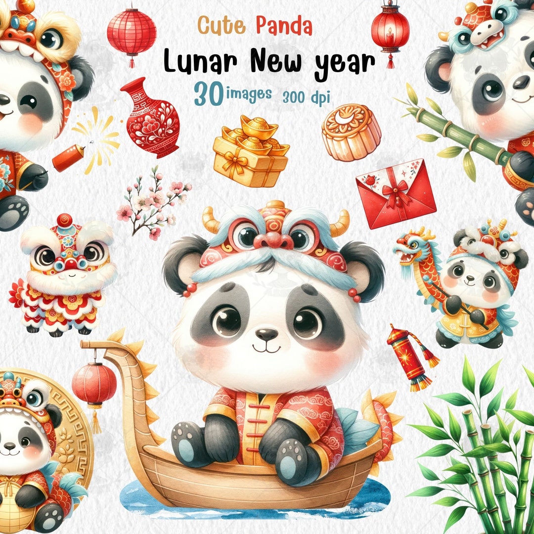 Cute Panda Lunar New Year Water Color Clipart ,2024 , Chinese New Year ...