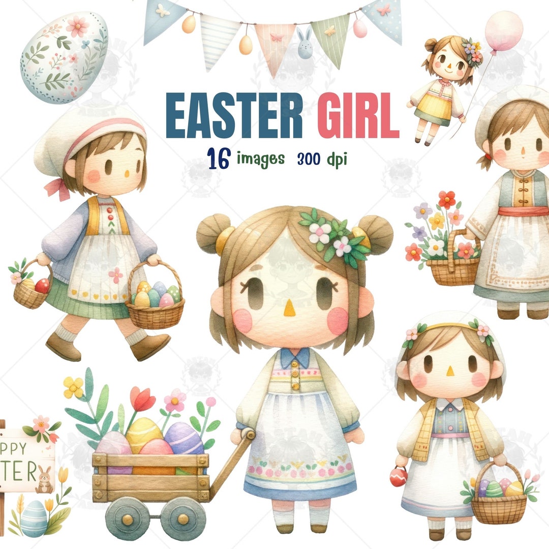 Cute Girl Easter, Watercolor Clipart ,child Easter Gift, Happy Easter ...