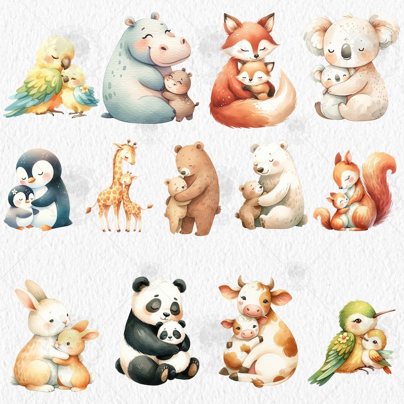 Watercolor Animal Mom and Baby Clipart (PNG, PDF) - Etsy