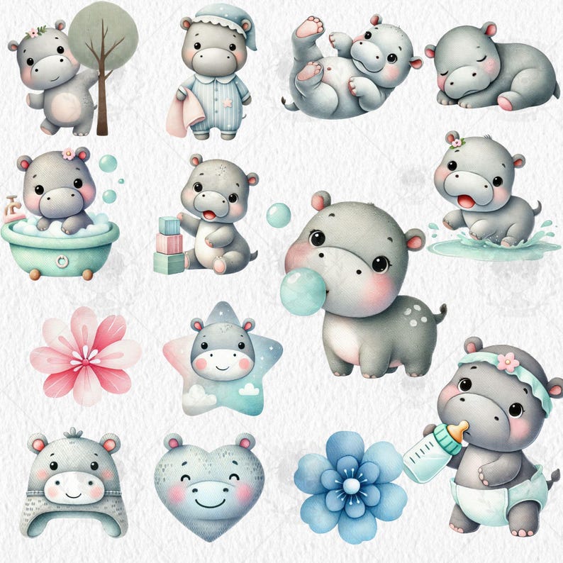 Cute Baby Hippo Watercolor Clipart, Baby Shower Clipart, Baby Animals ...