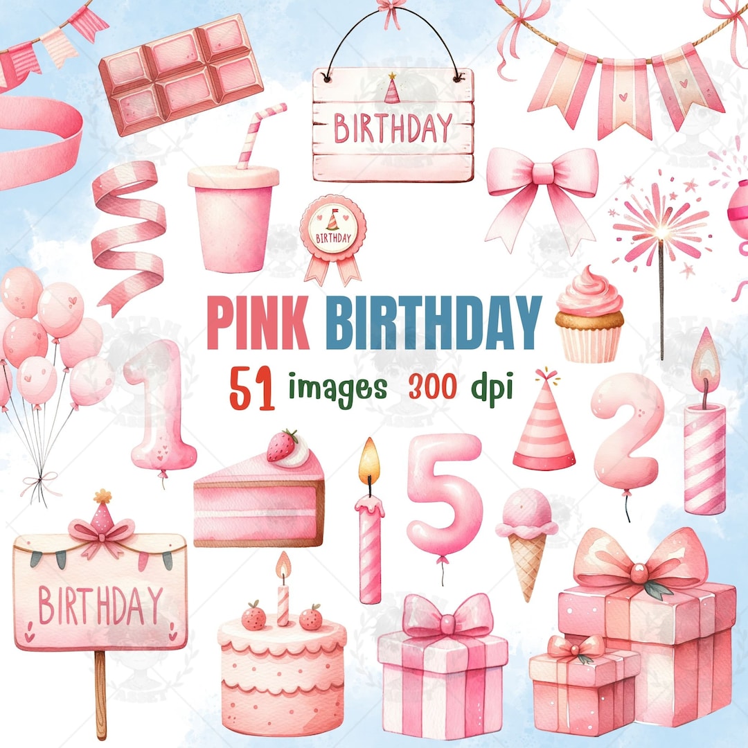 Pink Birthday Watercolor Clipart: 51 PNG Images (digital Download) - Etsy