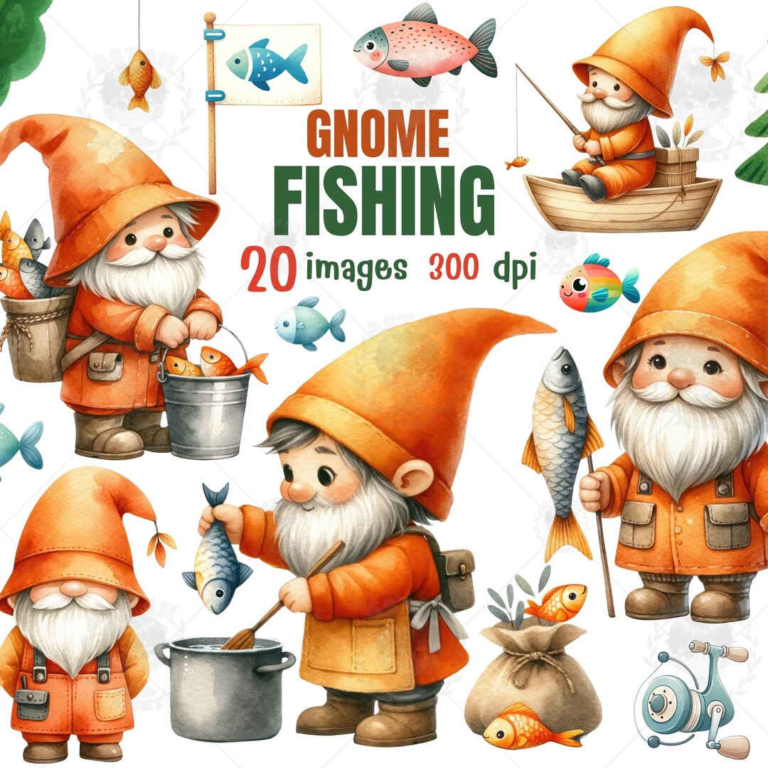 Gnome Fishing Watercolor Clipart, Cute Gnome Clipart, Garden Gnome ...