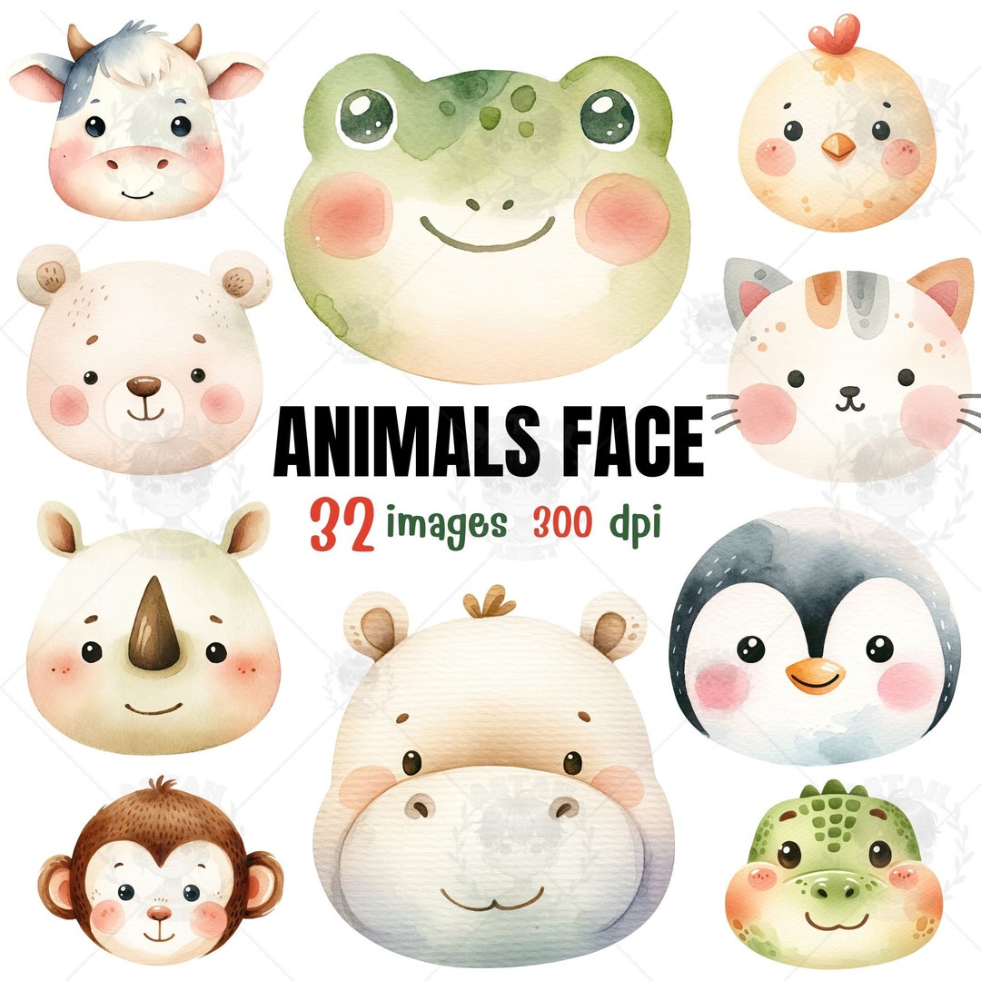 Animals Face Clipart, Watercolor Clipart, Woodland Clipart, Animal Baby ...