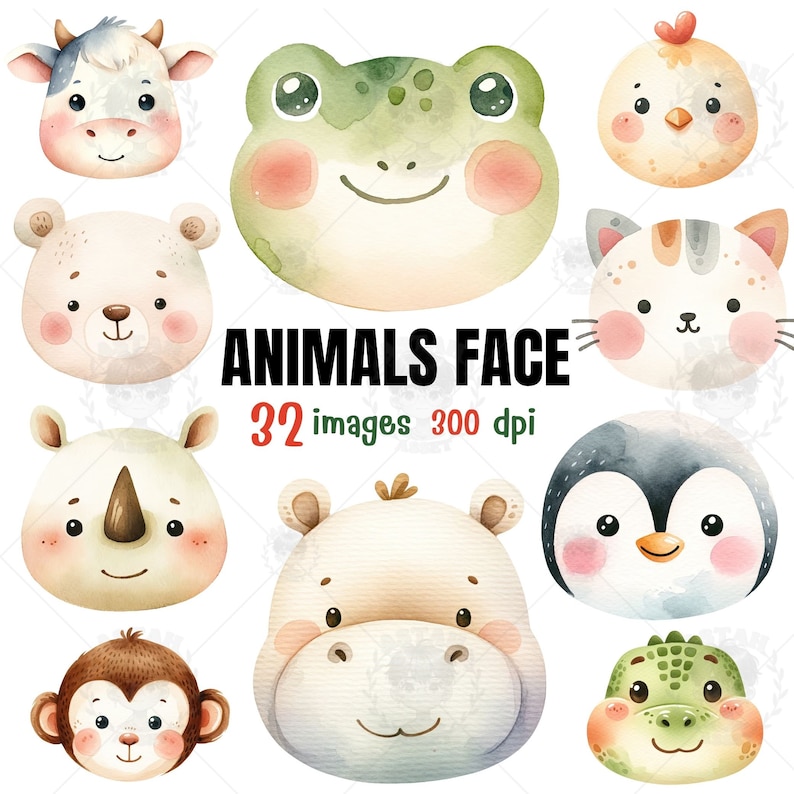 Animals Face Clipart, Watercolor Clipart, Woodland Clipart, Animal Baby ...
