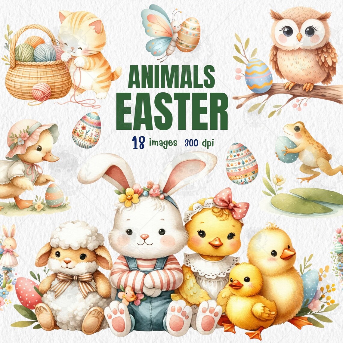 Cute Animals Easter Watercolor Clipart , Easter Eggs, Cute Rabbit ...