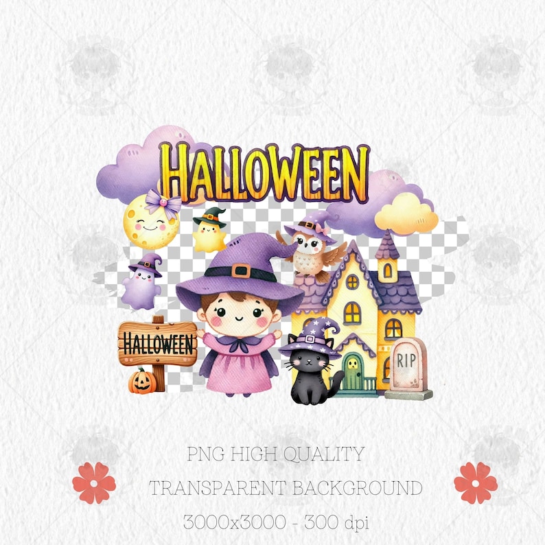Halloween Watercolor Clipart, Halloween PNG, Spooky Clipart, Cute ...