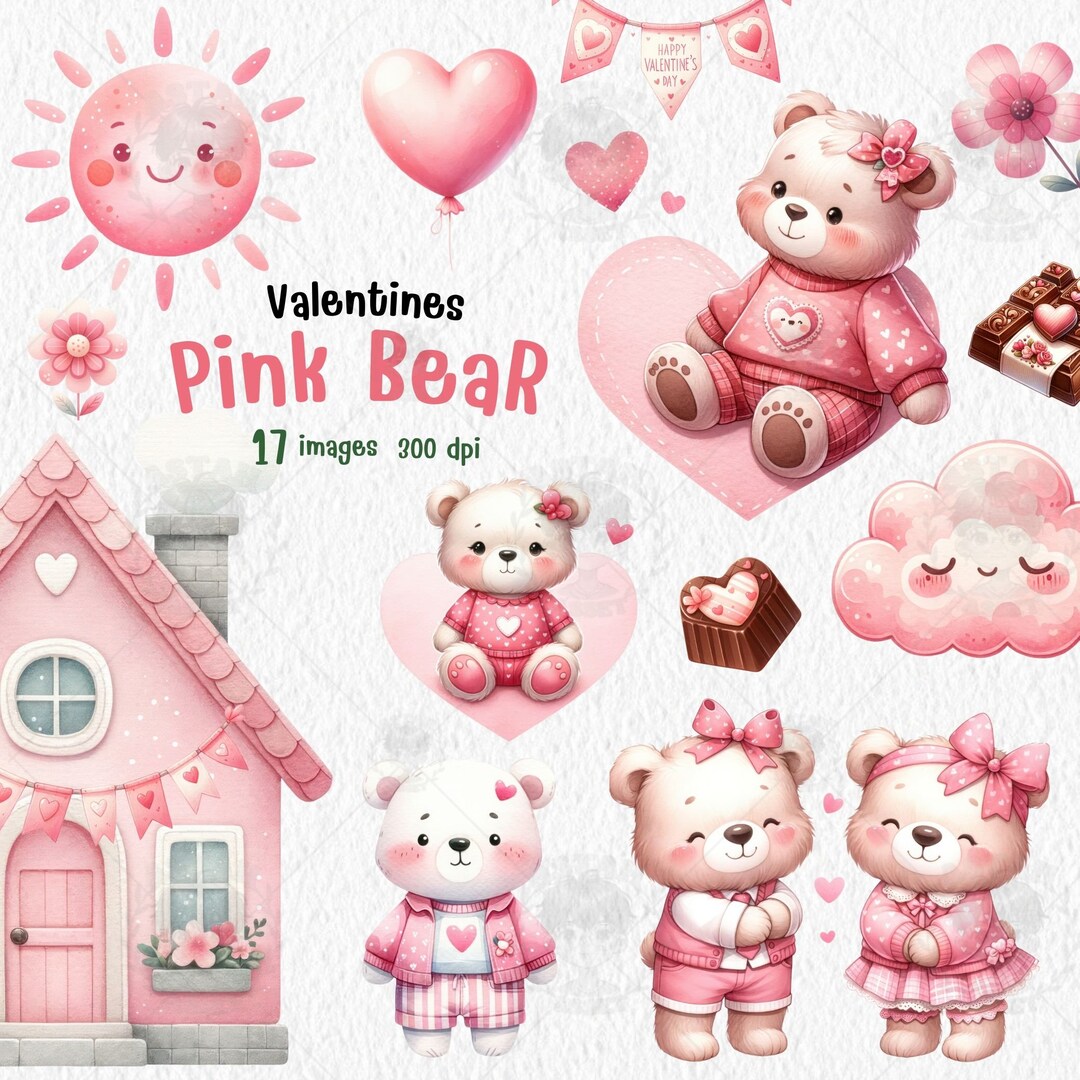 Watercolor Pink Bear Valentines Clipart, Couple Animals, Nursery for ...
