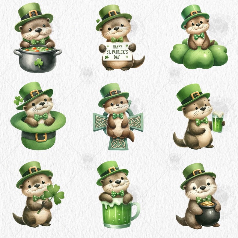 Cute Otter St. Patrick's Day Clipart, Watercolor , Shamrock Clipart ...