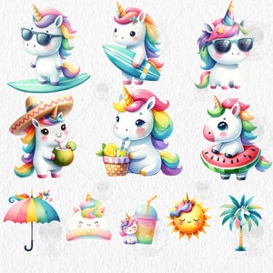 Unicorn Summer Watercolor Clipart: Rainbow Beach Party (digital ...