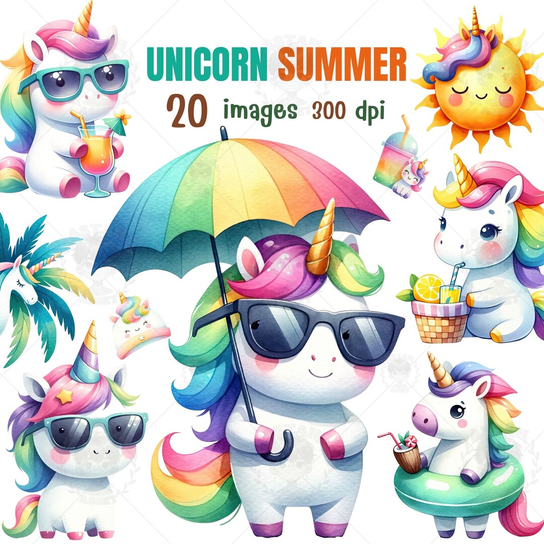 Unicorn Summer Watercolor Clipart, Unicorn Baby Shower , Unicorn Pool ...