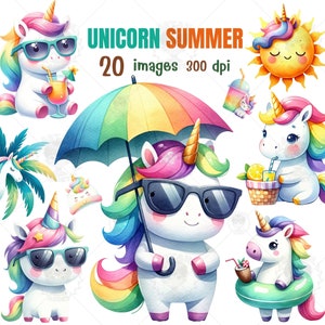 Unicorn Summer Watercolor Clipart: Rainbow Beach Party (digital ...