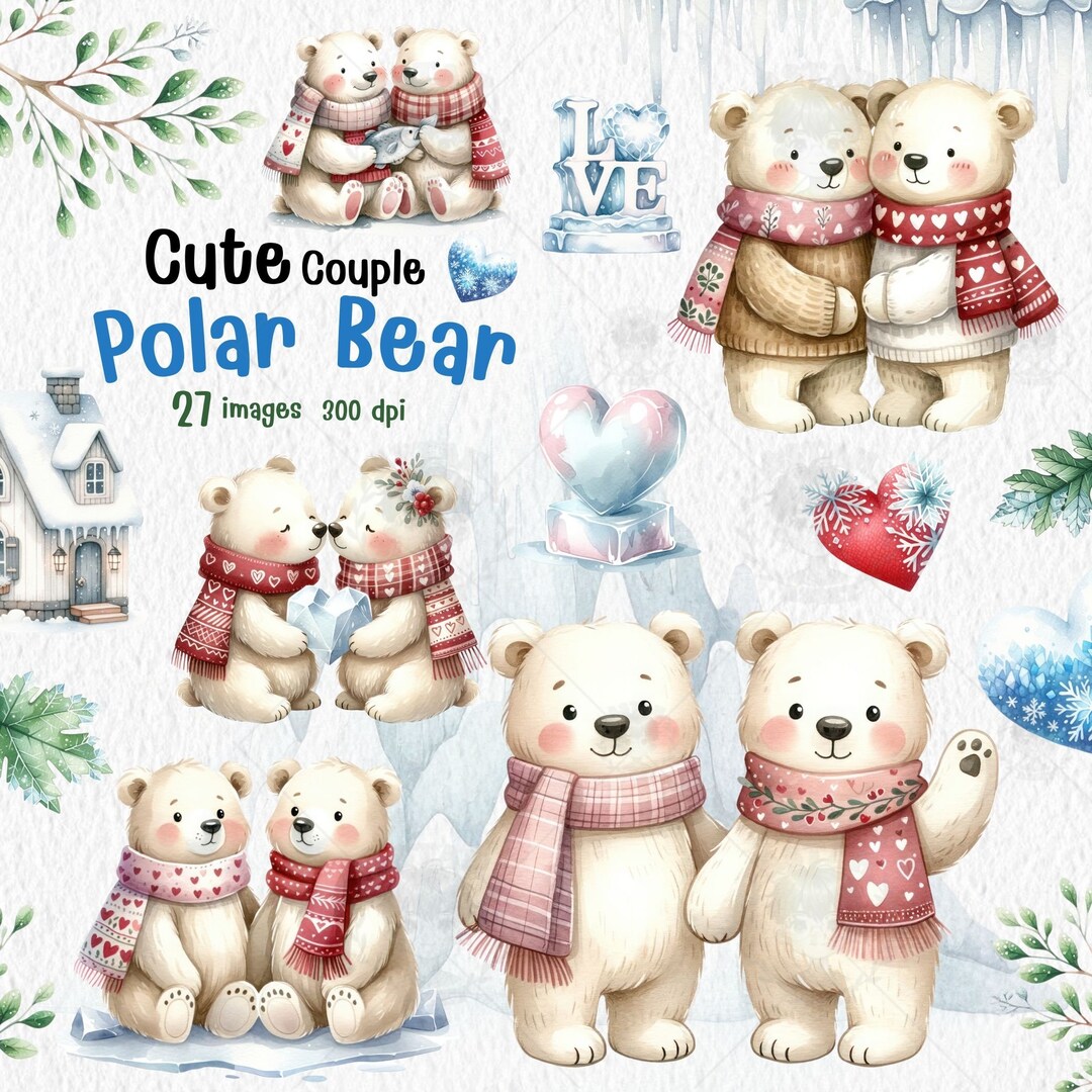 Cute Polar Bear Couple Water Color Clipart ,valentine Animals Decor ...