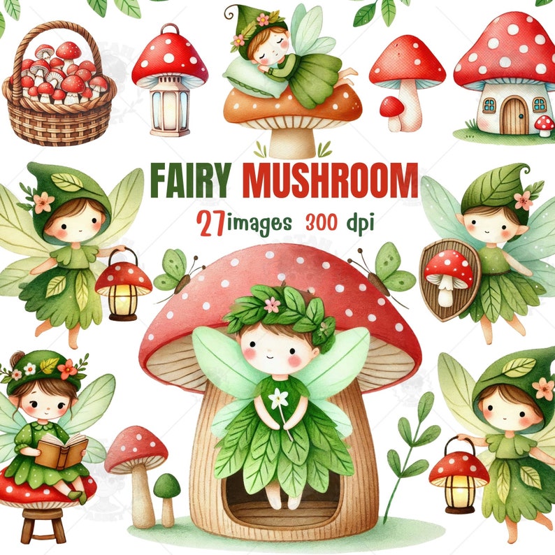 Fairy Mushroom Watercolor Clipart, Fairy Garden Clipart, Cute Fairy ...